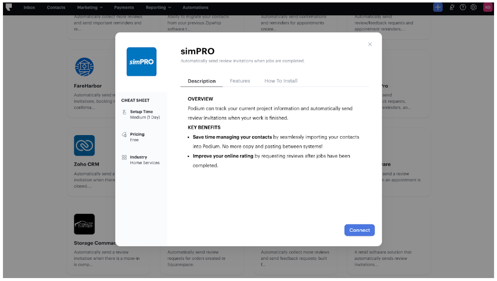Connecting simPRO to Podium