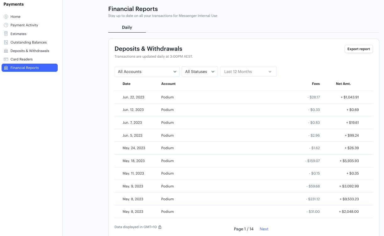 Podium Payments Reports