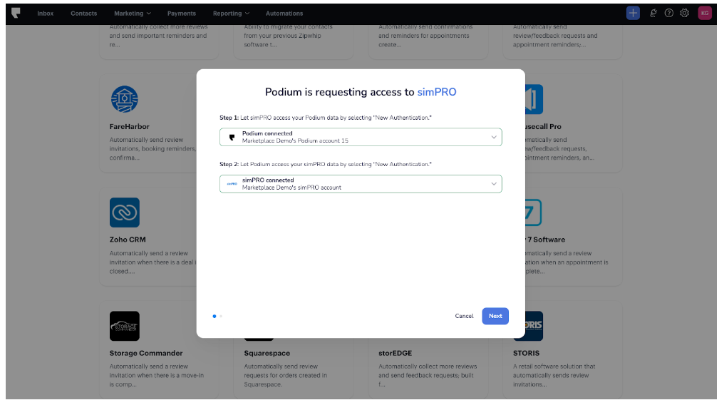Connecting simPRO to Podium